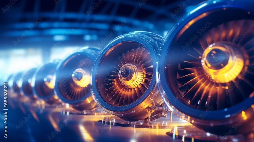 Modern blue turbofan jet engine blades background. Close up of turbojet ...