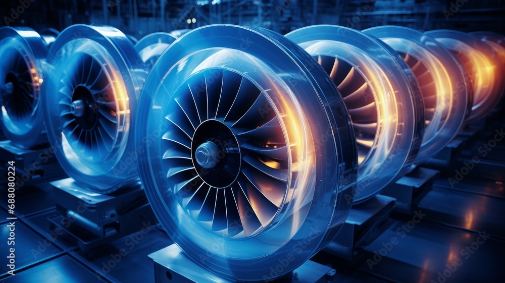 Foto de Modern blue turbofan jet engine blades background. Close up of ...
