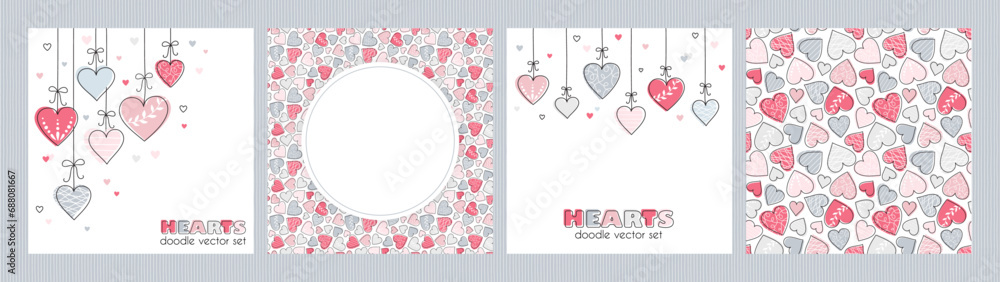 Hearts doodle design, set of four square banners, valentine's day card ...