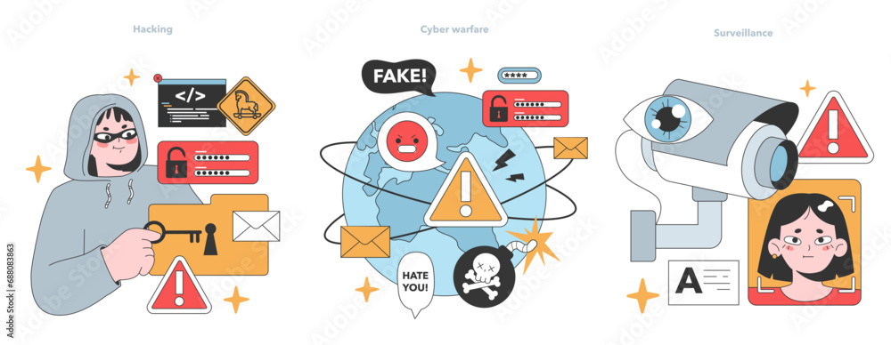 Cybersecurity set. Hacker with coding skills, global cyber attacks with ...