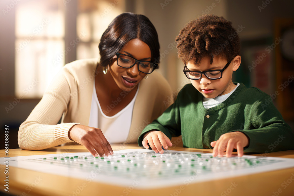 Braille lesson in inclusive elementary, primary school. Teacher and ...