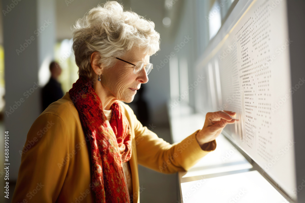 Visually impaired woman engages with art through braille signage ...