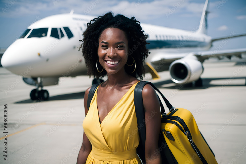 Turist at the airport preparing to board the plane. Black woman next to ...