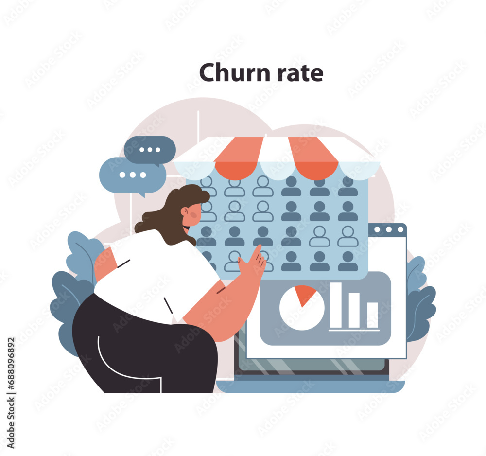 Churn rate analytics concept. Woman studying customer retention metrics ...
