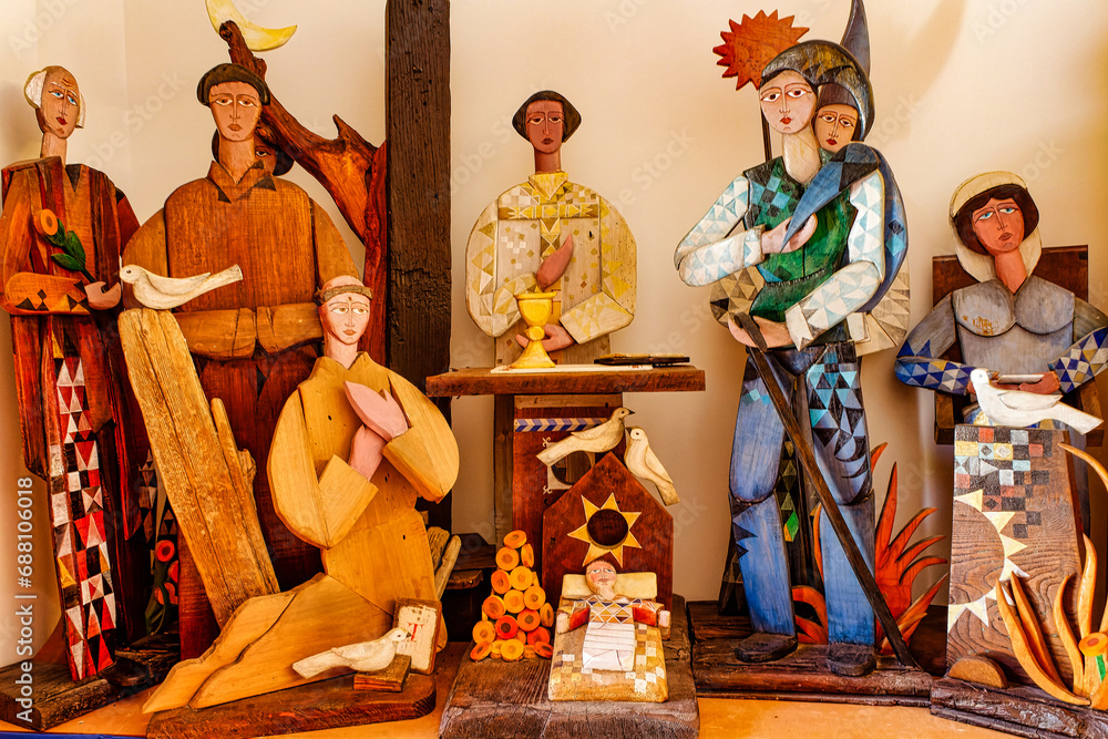 Figures carved in wood representing the nativity of Jesus i.e. a ...