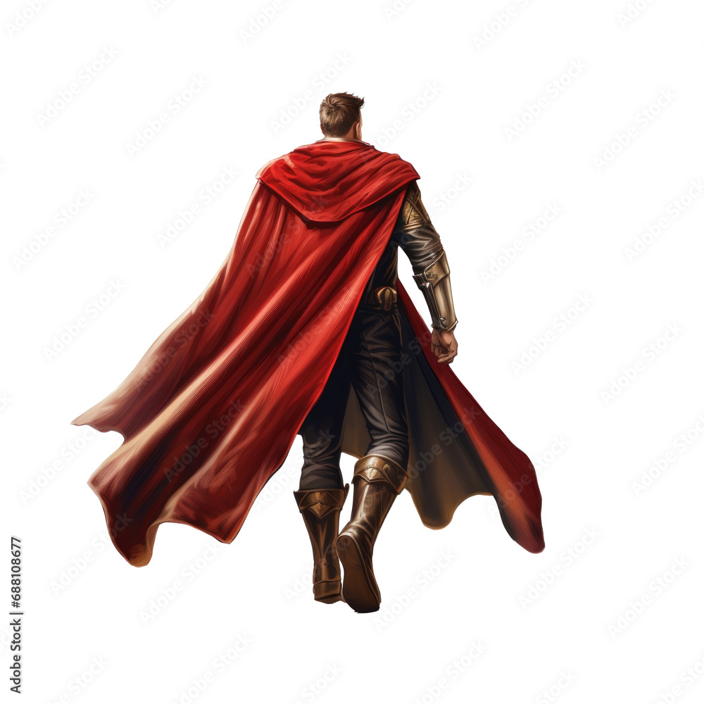 rear view of warrior with red cape isolated on a transparent background ...