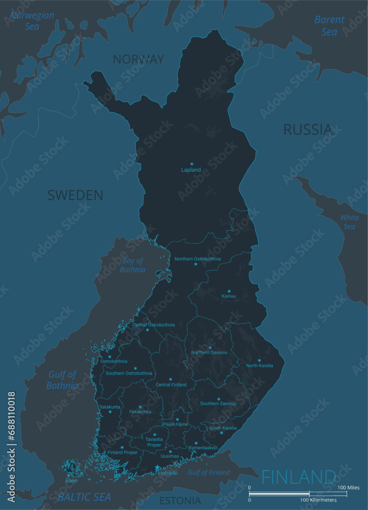 Finland map. High detailed map of Finland with countries, borders ...