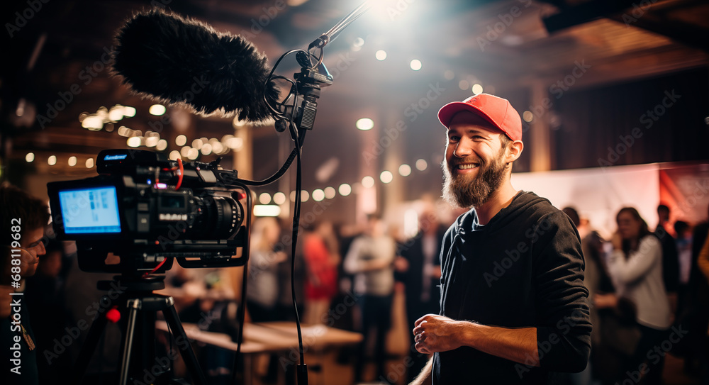 Filming interview. Behind the scene concept. Cameraman working on ...