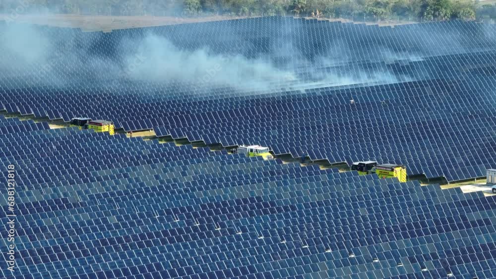 Dangerous wild fire at sustainable electric power plant with many rows ...