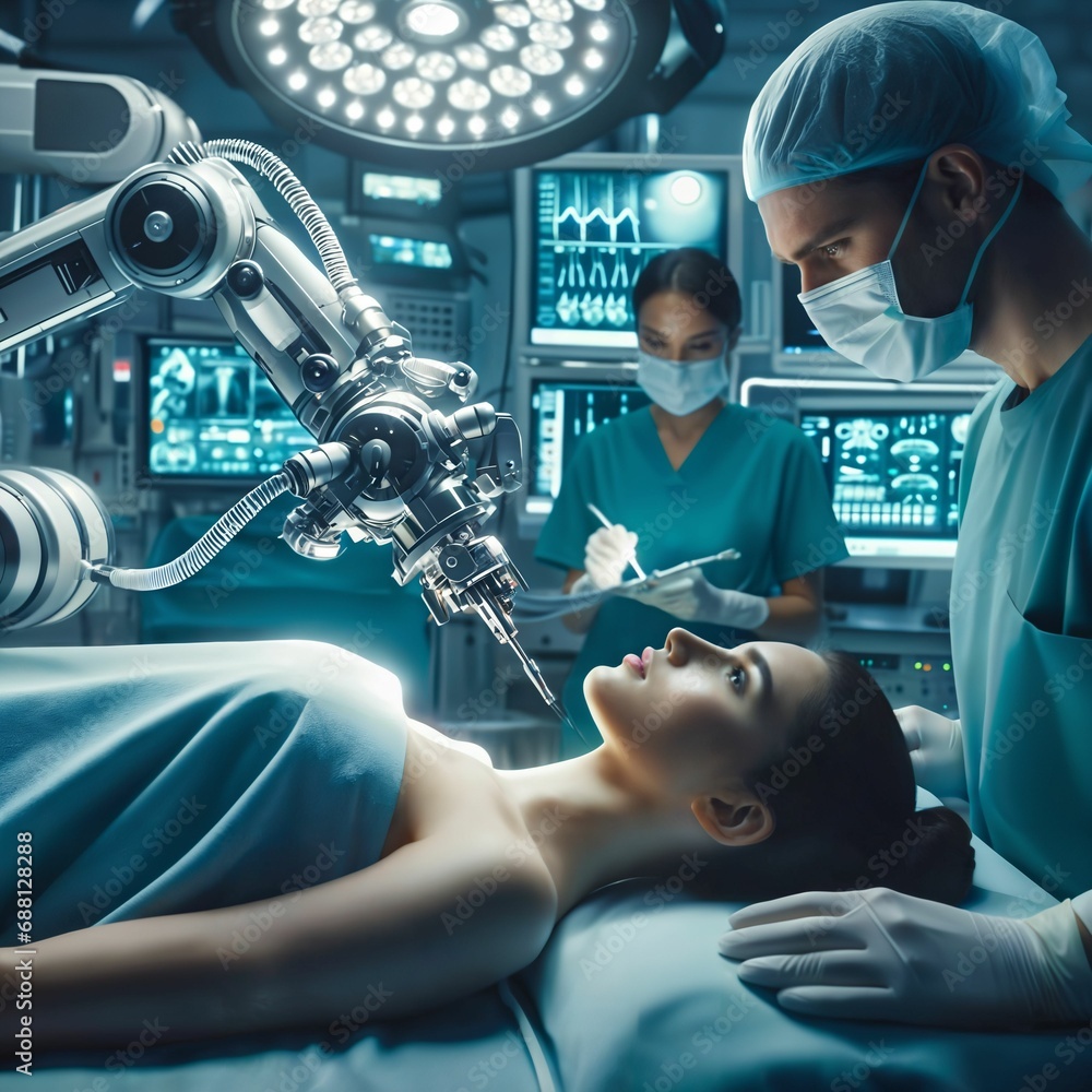 Surgeon using high-precision remote controlled robot arms to operate on patient. Surgery robot ...