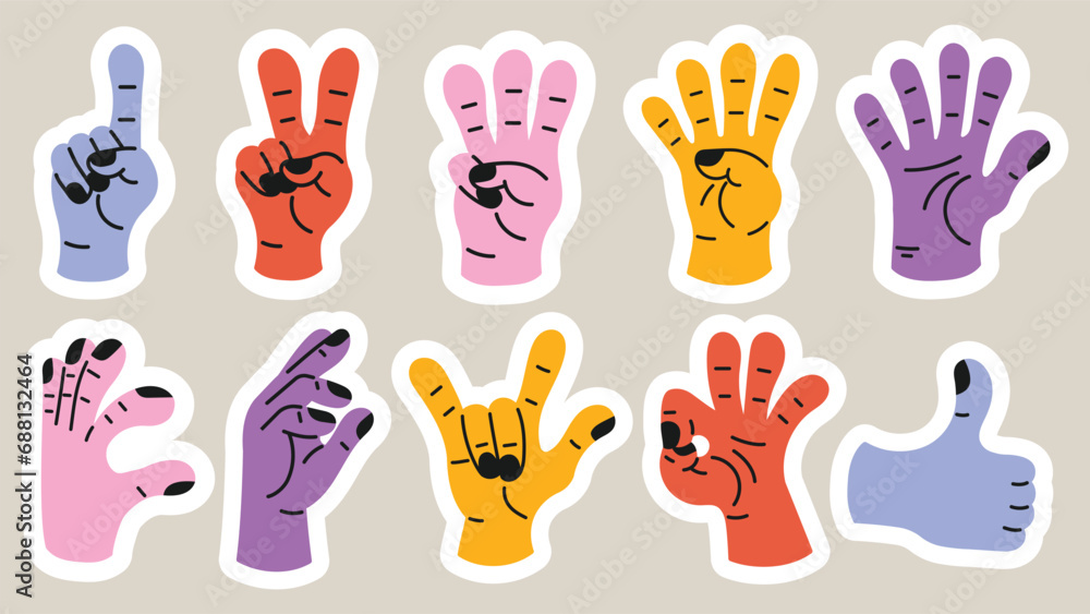 Collection of gesture signs from human hands. A set of fingers showing ...