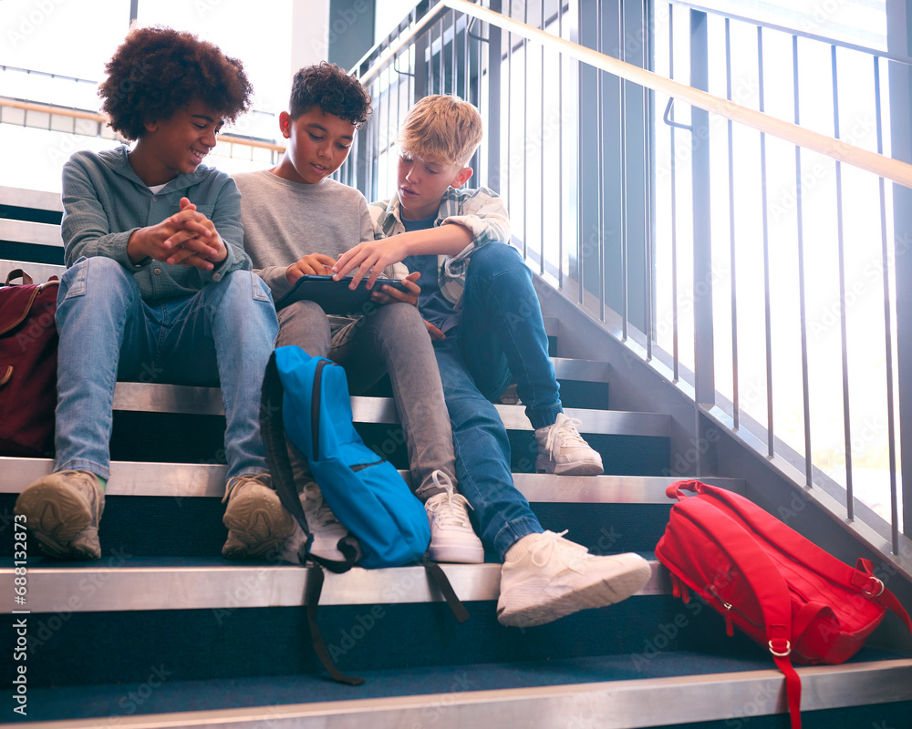 Three Male Secondary Or High School Pupils Inside School Building On ...