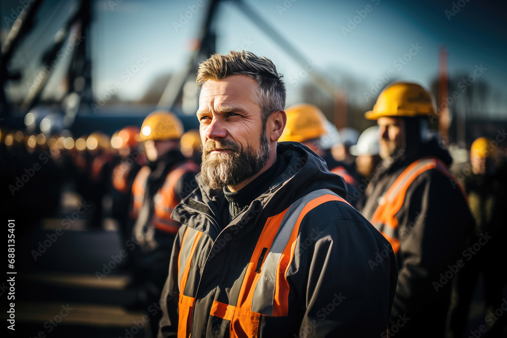 Portrait of a rugged construction worker with a beard wearing a safety helmet and reflective ...
