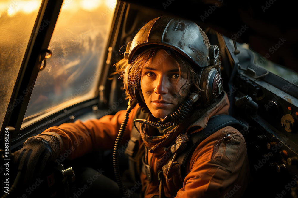 Young female pilot in flight suit and helmet inside the cockpit of an ...