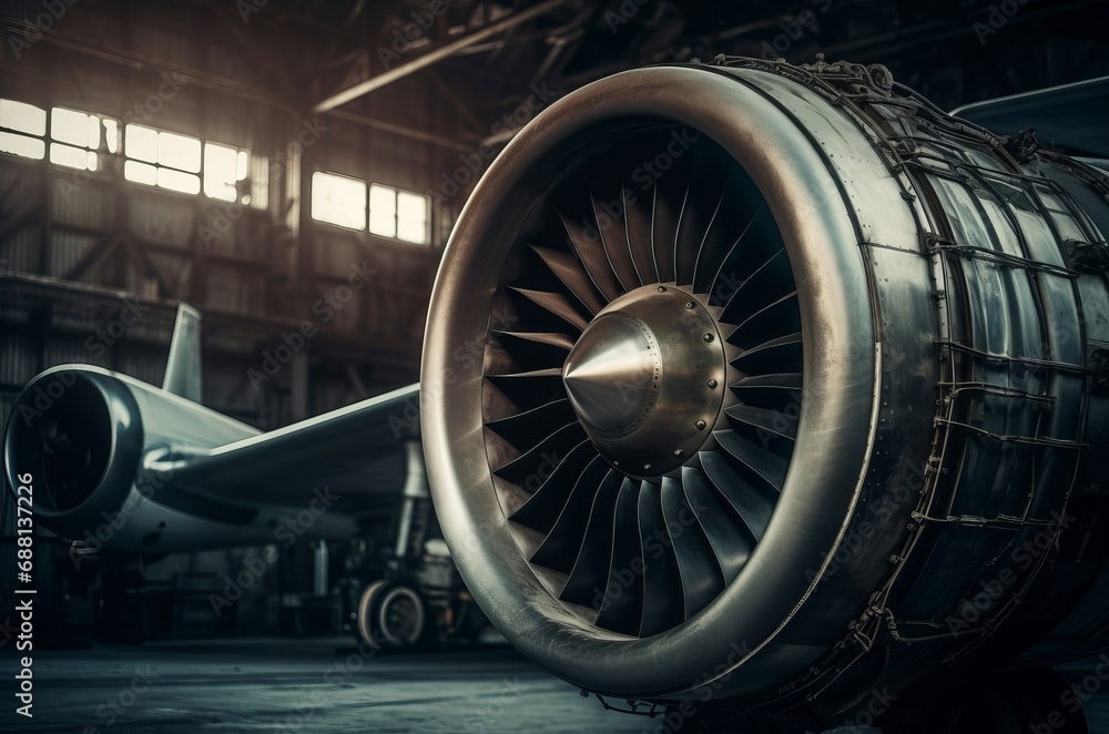 Aircraft turbo engine. Steel airplane powerful propeller mechanism ...