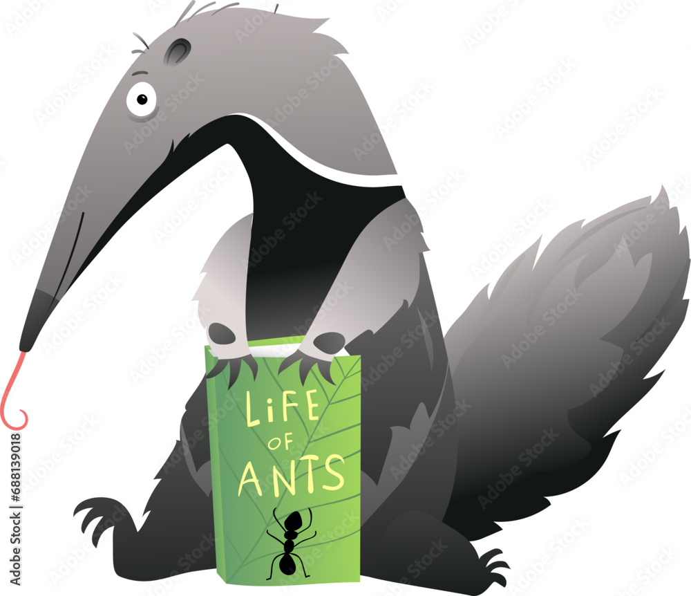Vecteur Stock Cute animal reading a book. Anteater reads a book about ...