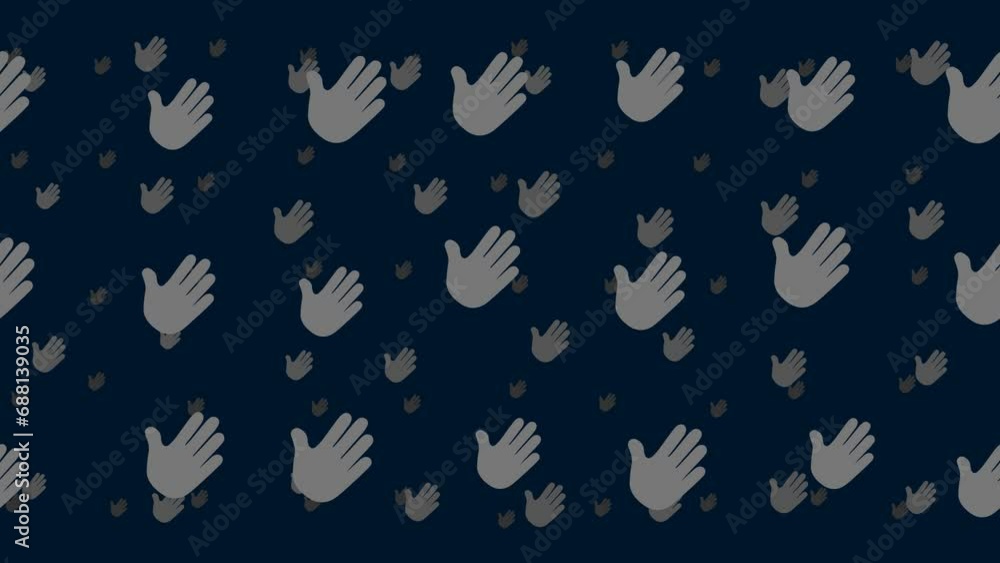 Hands float horizontally from left to right. Parallax fly effect. Floating symbols are located ...