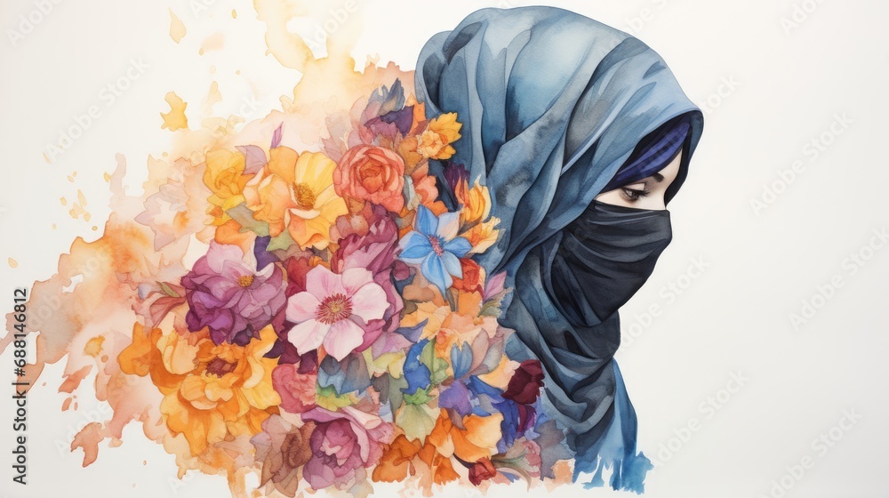 Watercolor drawing of a Muslim woman's profile and colorful, delicate ...