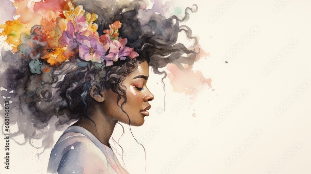 Watercolor drawing of a African woman's profile and colorful, delicate ...