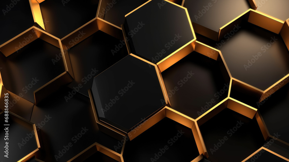 Luxury hexagonal abstract black metal background with golden light ...
