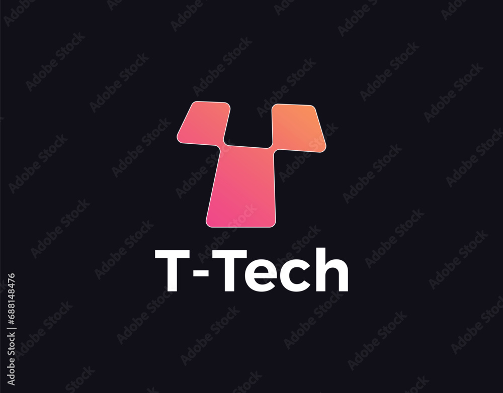 Vector tech letter t logo read geometric shape with square pixel dots ...