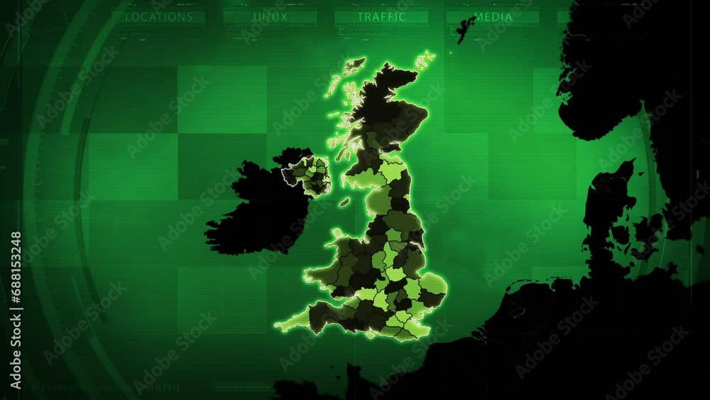 United Kingdom Map with Administrative Units, Airports and Roads. Green ...