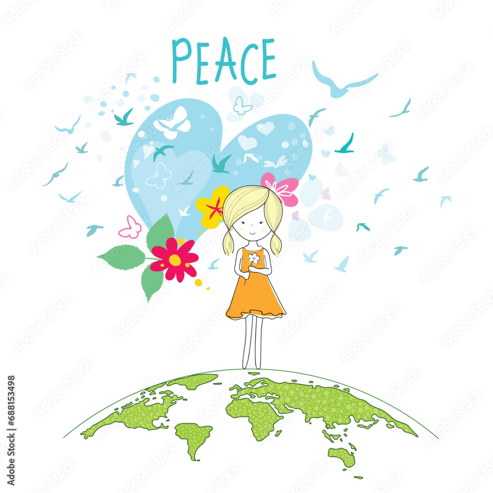 International Day of Peace. Bird, globe, flowers, heart continuous ...