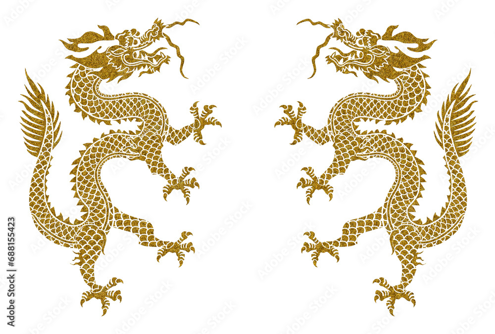Symmetrical Chinese dragon stencil illustrations with golden glitter ...
