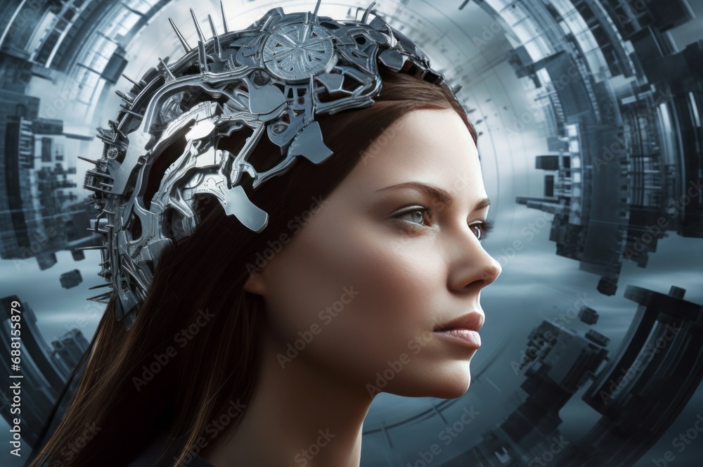 Woman head digital technology helmet. Futuristic innovative smart tech ...