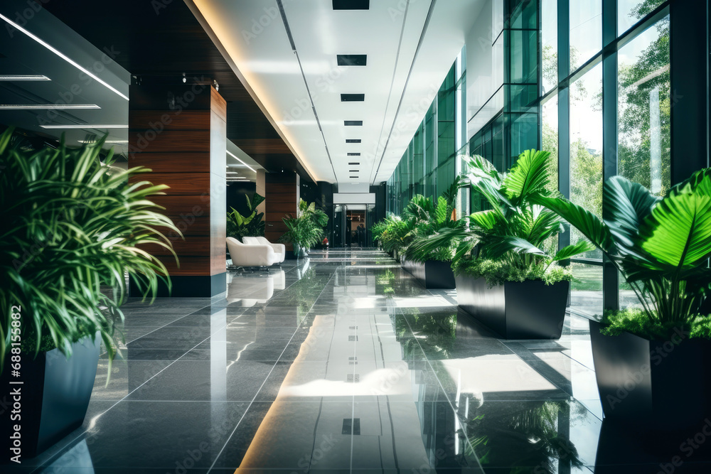 Nice modern office with beautiful long office corridor with defocused ...