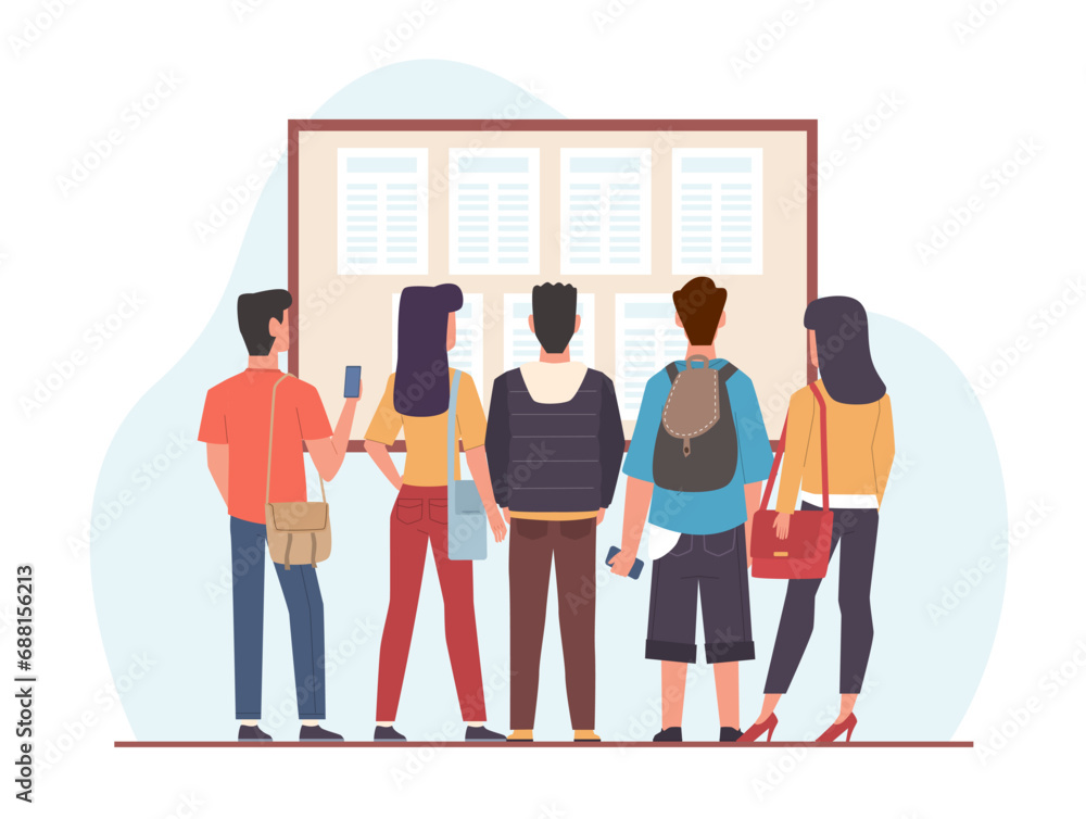 Students look at class schedule. Back view young people in college or ...