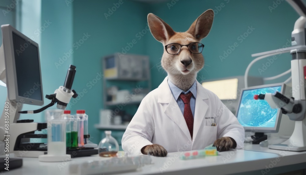 Scientist kangaroo wearing safety glasses and a lab coat, standing in a laboratory with colorful ...