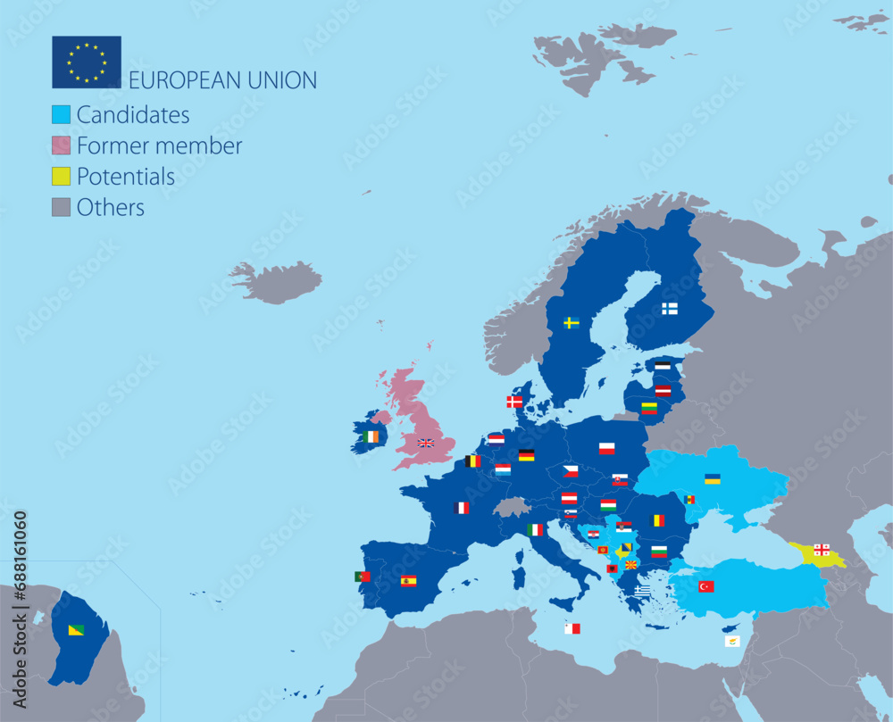 Poster European Union map with borders, member countries, flags and ...
