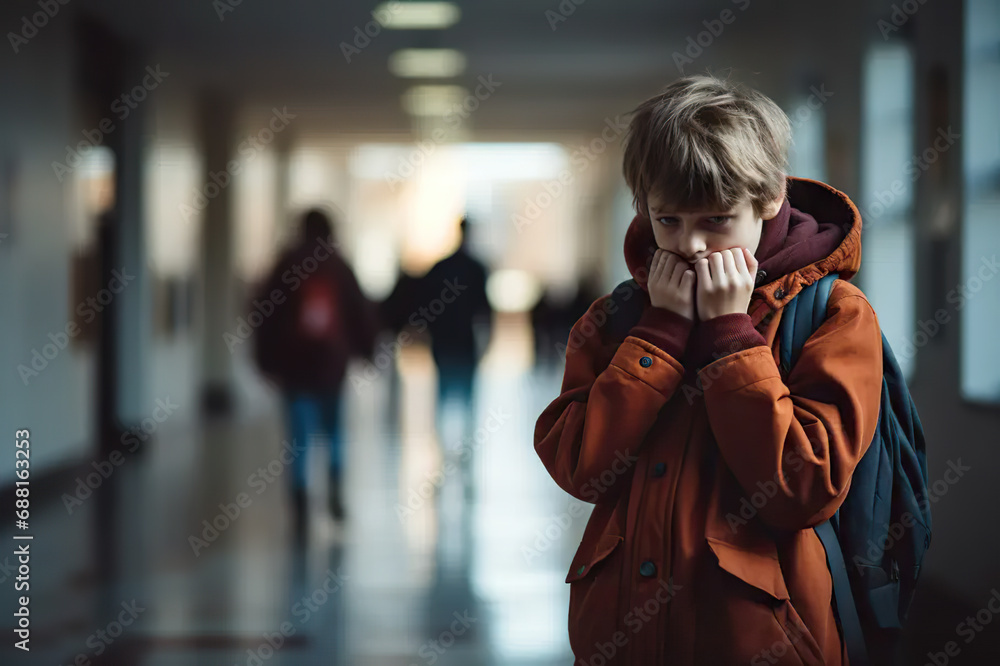 Solitude in Silence Upset Boy Shields His Face in a School Corridor ...