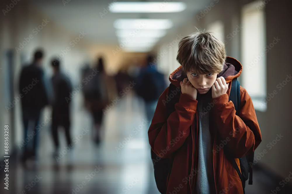 Solitude in Silence Upset Boy Shields His Face in a School Corridor ...