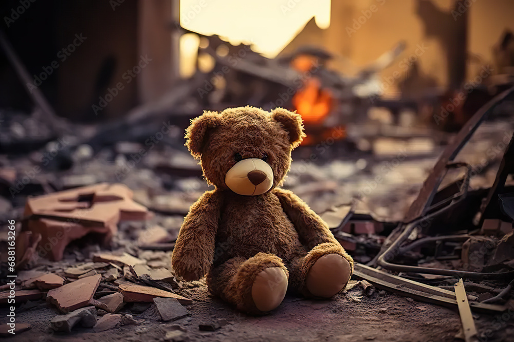 Old Teddy Bear Sits in the Remnants of a House, Symbolizing the ...