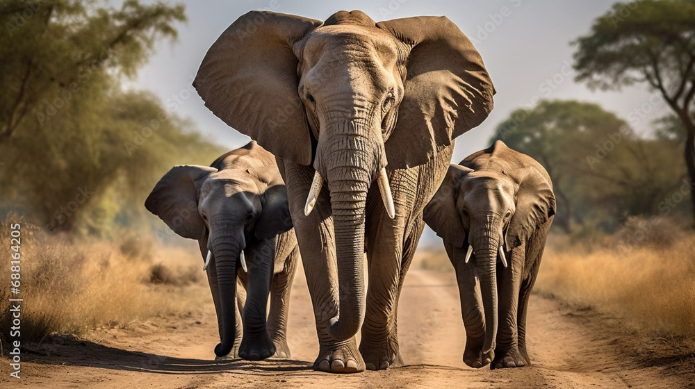 award winning shot, portait of a group of adult african elephants ...