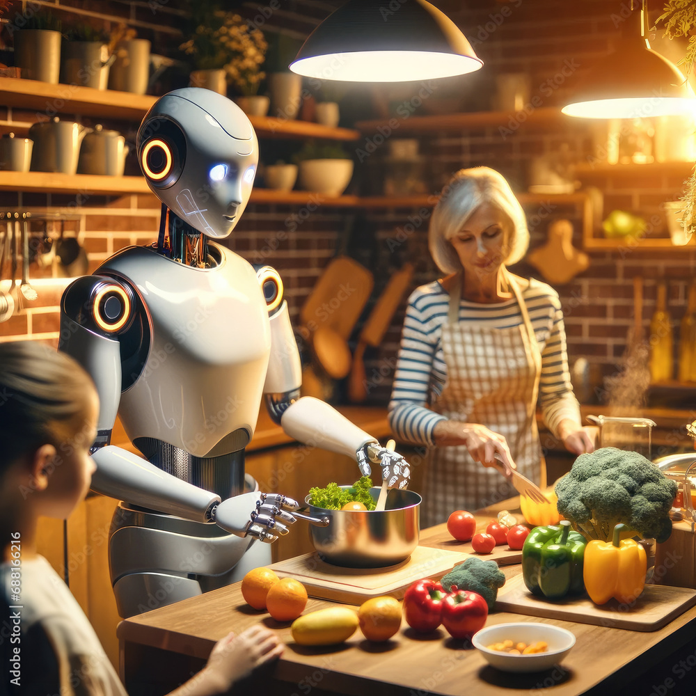 Humanoid robot assisting in a modern kitchen, helping a family with ...