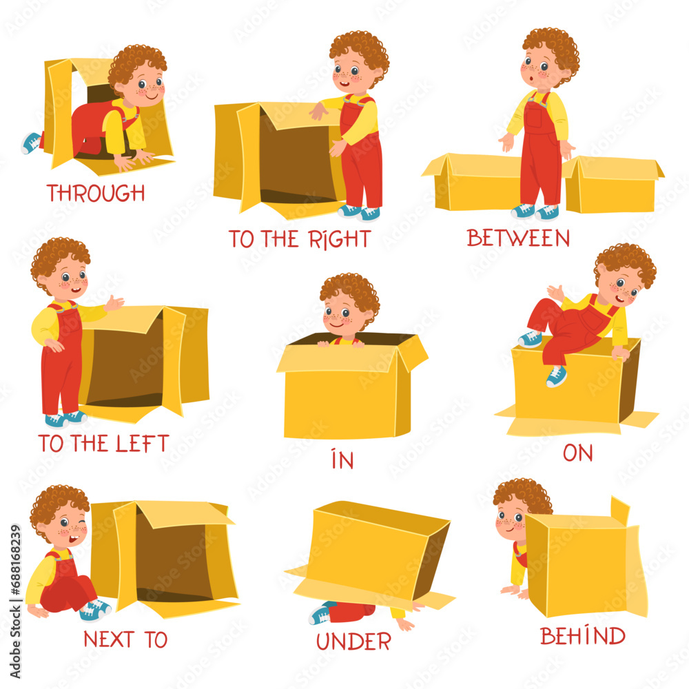 Learning prepositions with little boy. Visual educational guide ...