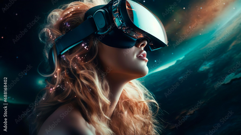 Astonished young woman using virtual reality meta verse VR glasses ...