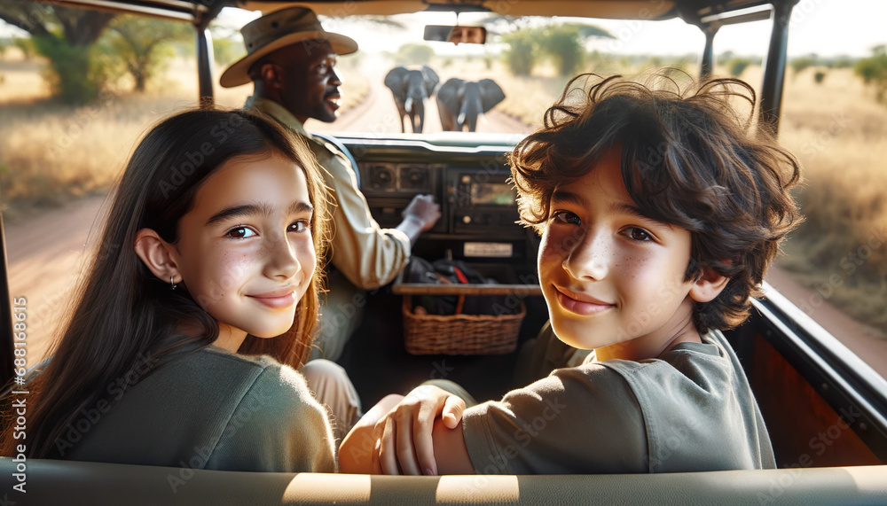 An Italian brother and sister on an African safari smiling in a safari ...