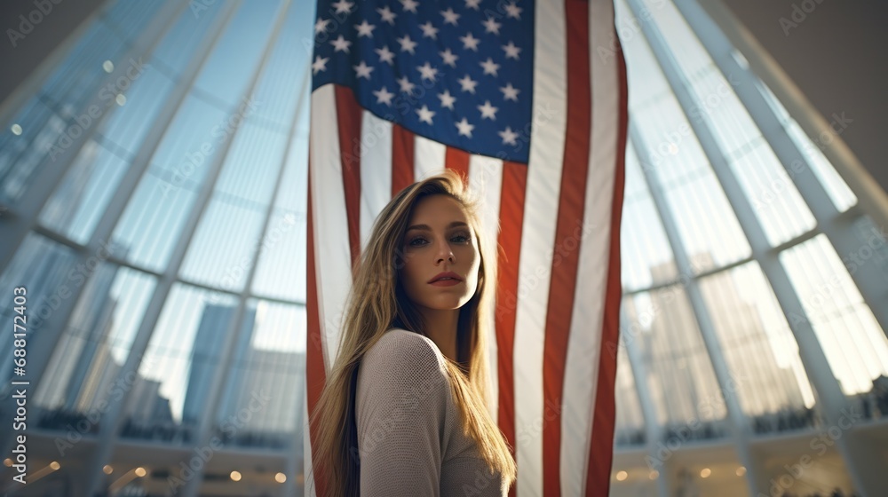 Patriotic Woman Proudly Displays American Flag in front of World Trade ...