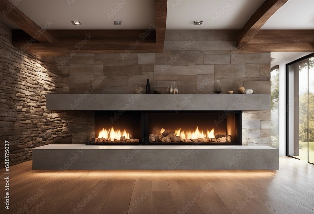 Front view of a natural stone wall in a house with the fireplace in ...