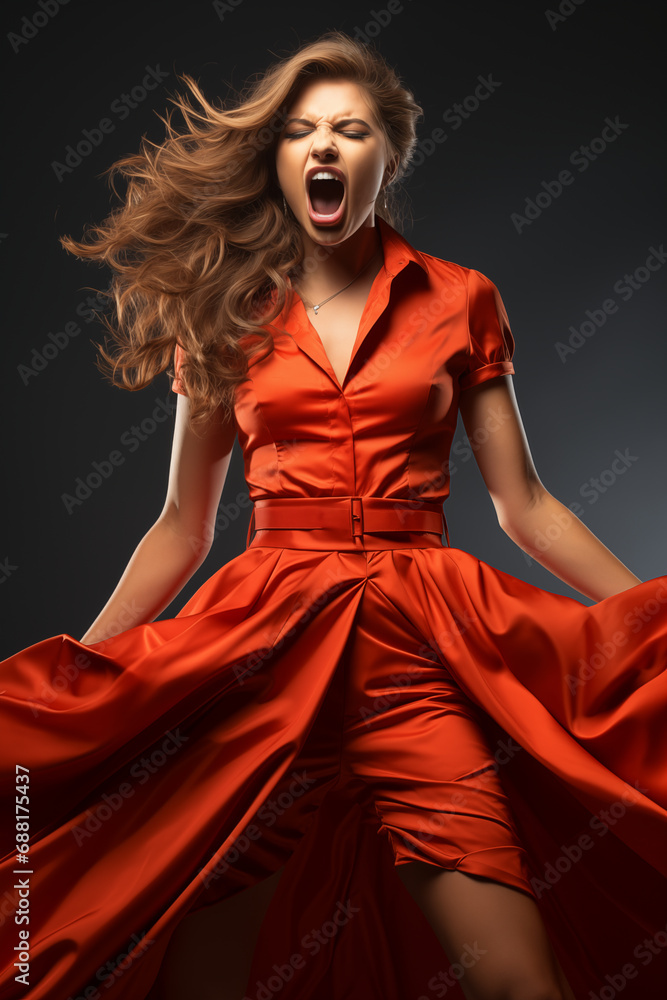 Crying young woman is completely tight body red in color, bent by an ...