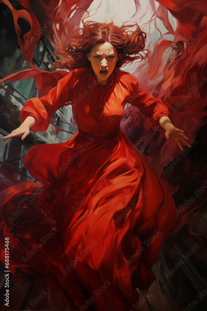 Crying young woman is completely tight body red in color, bent by an ...