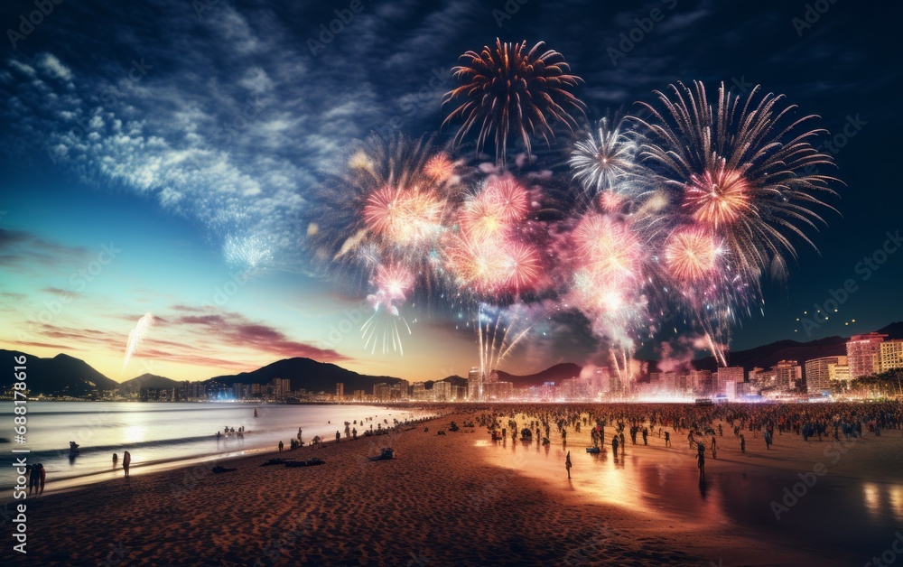Festive fireworks over Copacabana Beach during the carnival. Stock ...