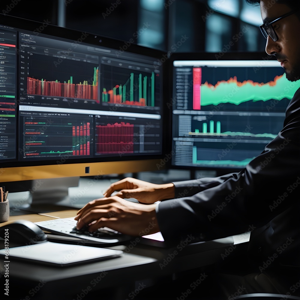 Analyst Works on Personal Computer Showing business analytics dashboard ...