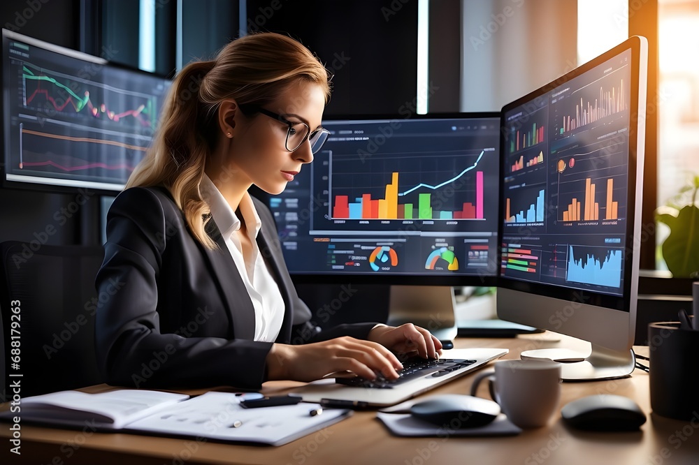 Analyst Works on Personal Computer Showing business analytics dashboard ...