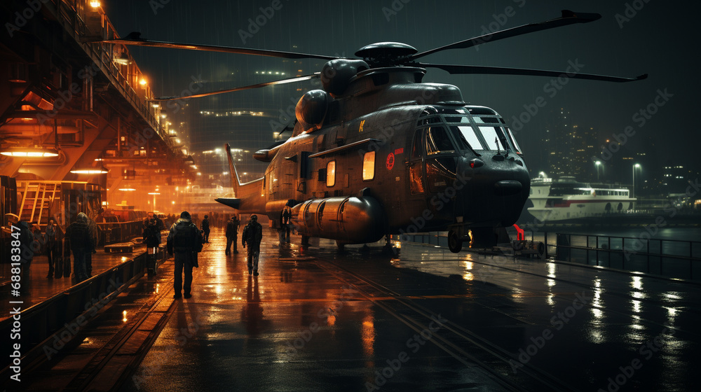 A helicopter lands on the ship station at night, its lights reflecting ...