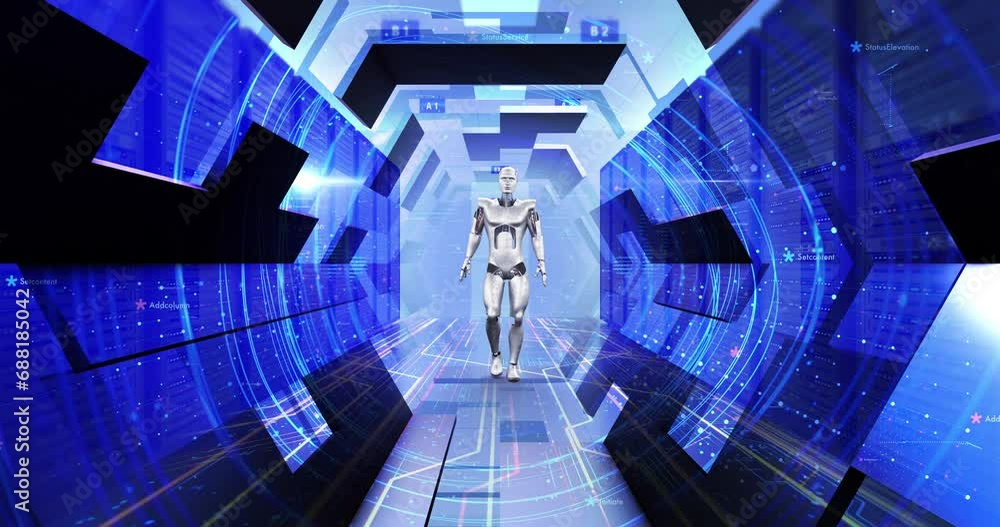 Slowly Walking High Tech Robot In A Futuristic Server Room. Technology ...